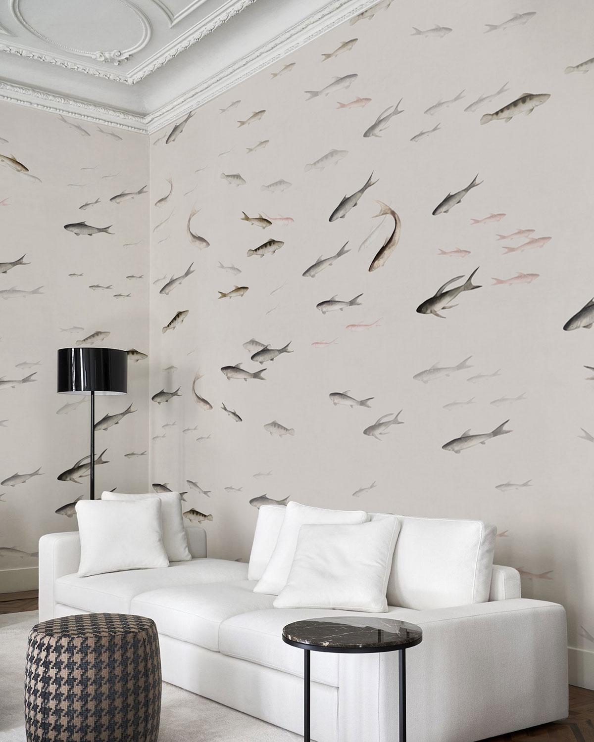 Fish Wallpaper Mural, Neutral Sardines Wall Design, Minimalist Pond ...