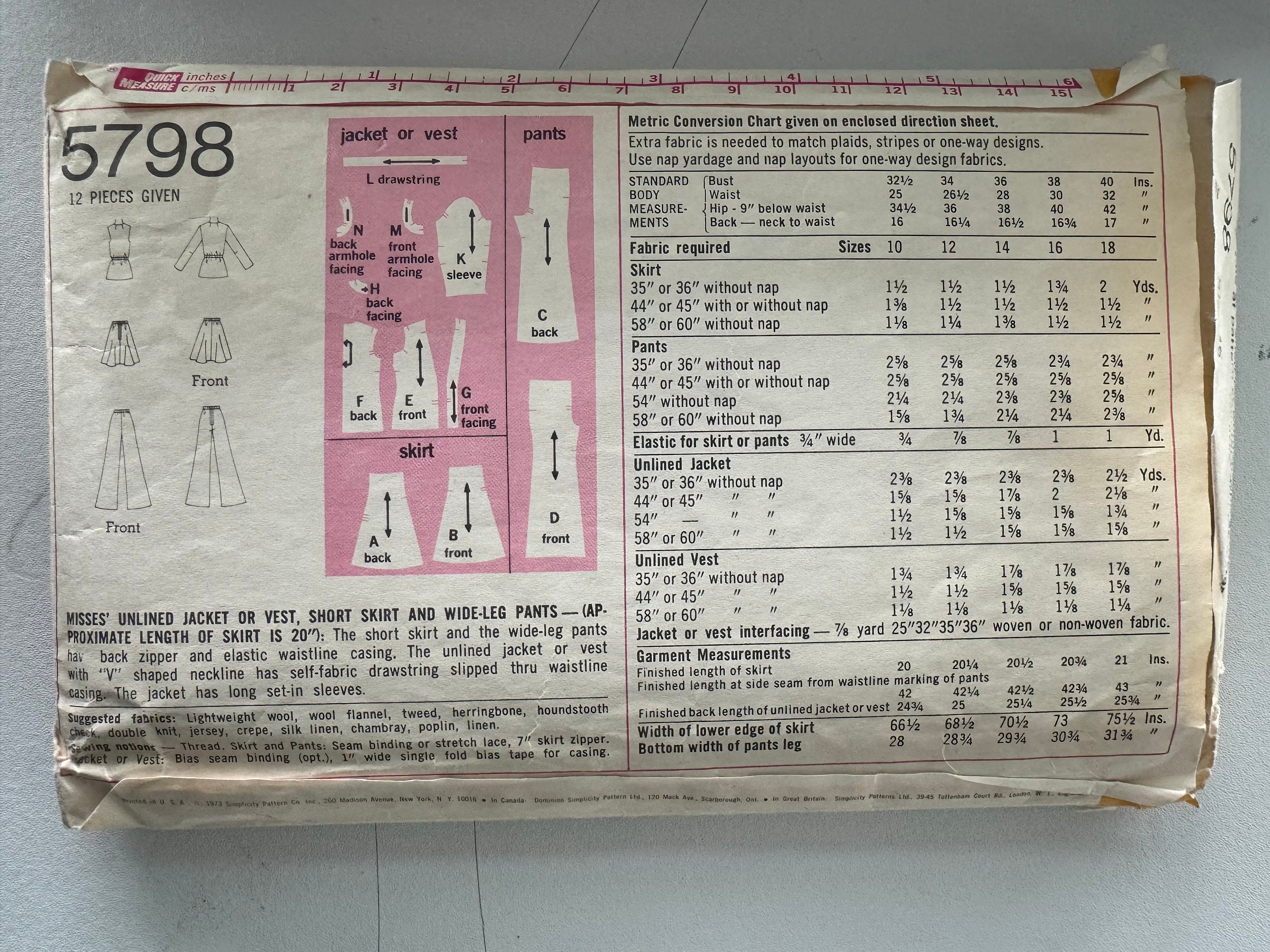 Vintage 1970s Simplicity Sewing Pattern 5798: Jacket, Vest, Short Skirt ...