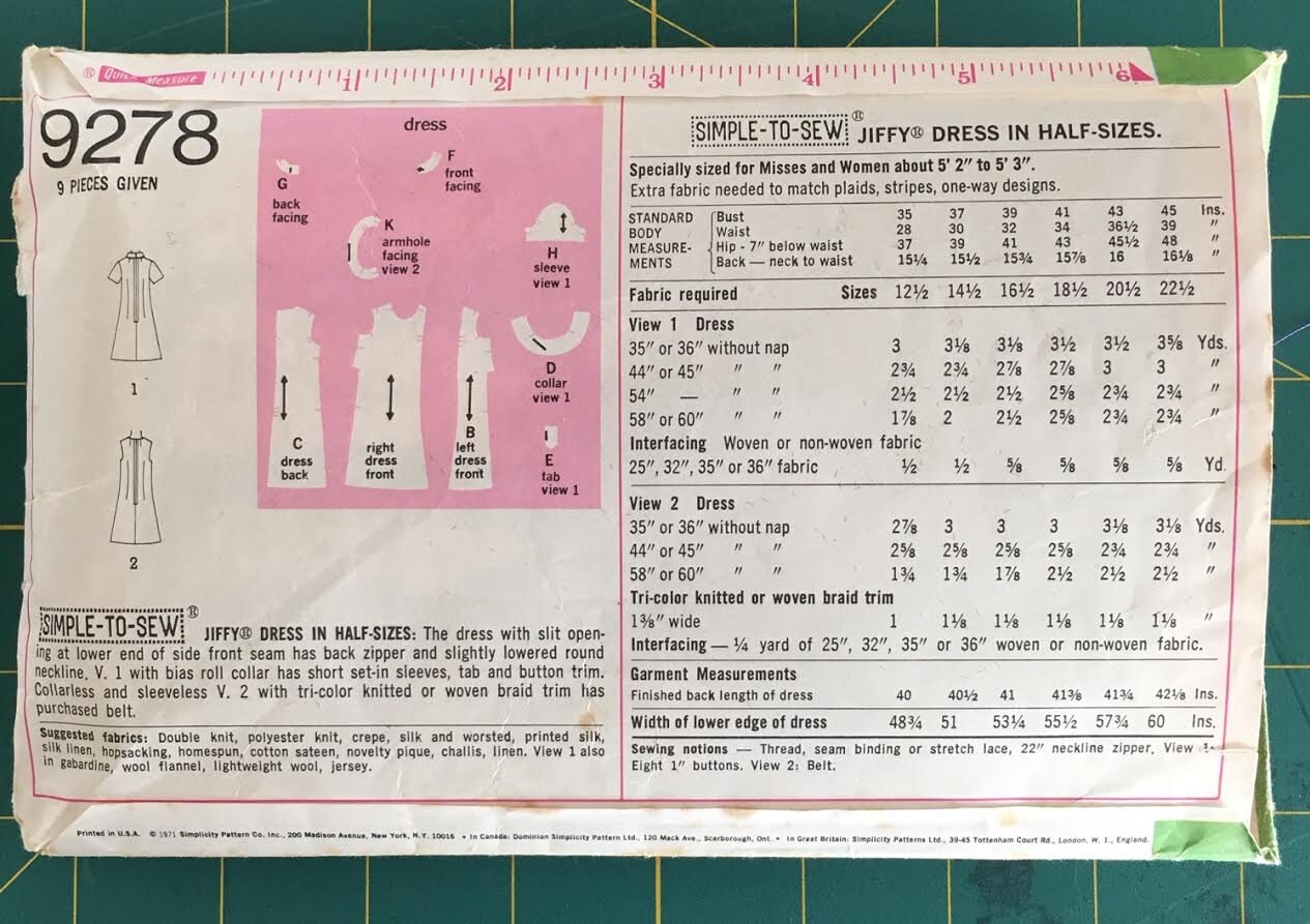 Vintage Sewing Pattern From 1971, Simplicity Dress Pattern #9278 - Etsy