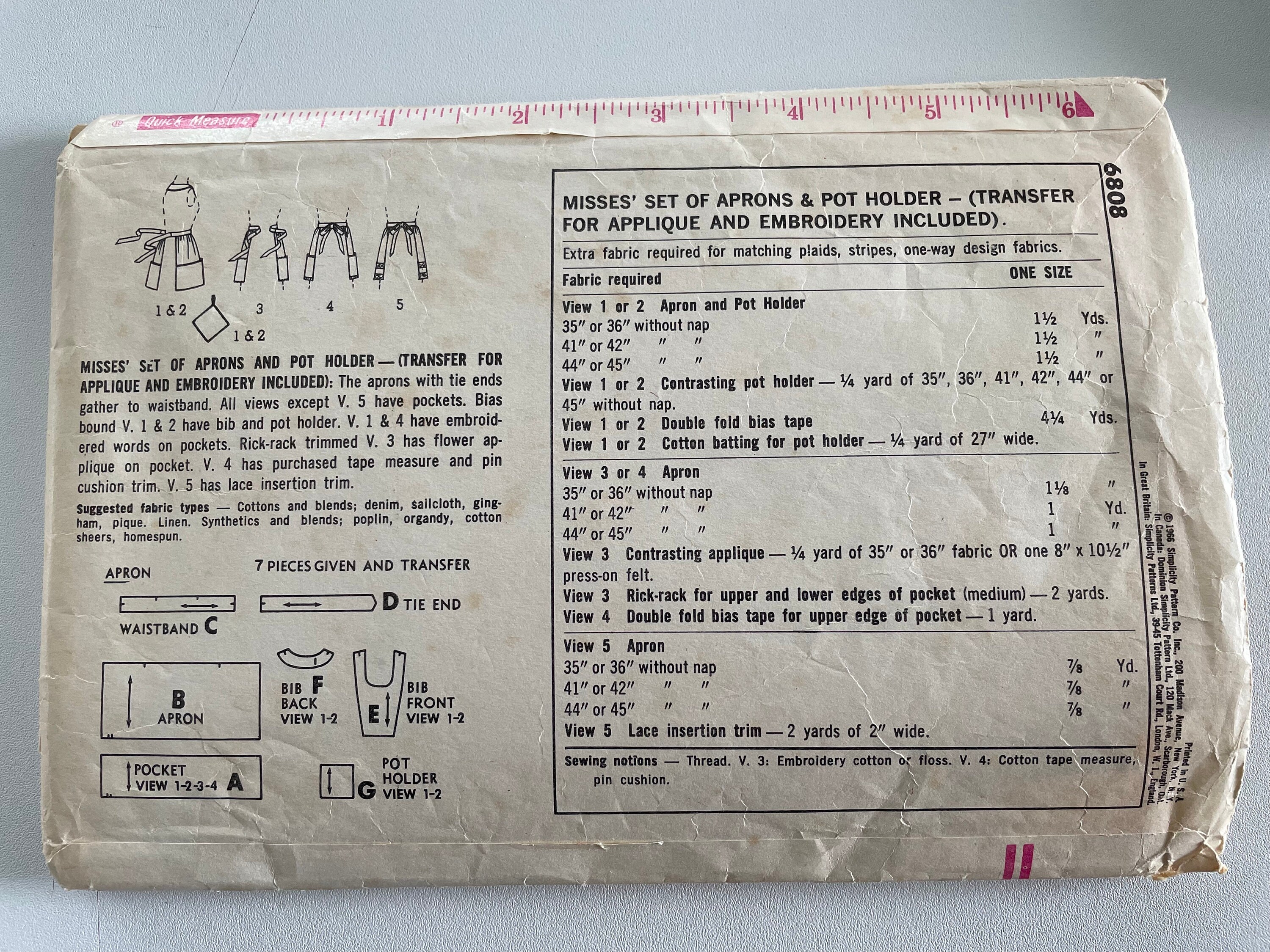 Vintage 1966 Simplicity Sewing Pattern 6808, Apron With Appliques and ...