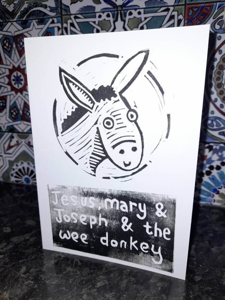 Jesus, Mary and Joseph and the Wee Donkey _ 7x5 Inch Hand Printed Card ...