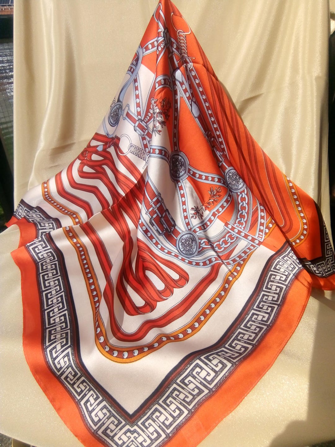 ORANGE EQUESTRIAN SCARF, Horsebit Print Scarves, Silk Square Scarf ...