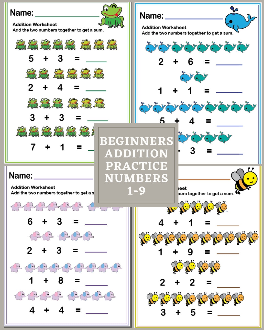 Beginners Addition Problems Numbers 1 to 9 With Animals // Kindergarten ...