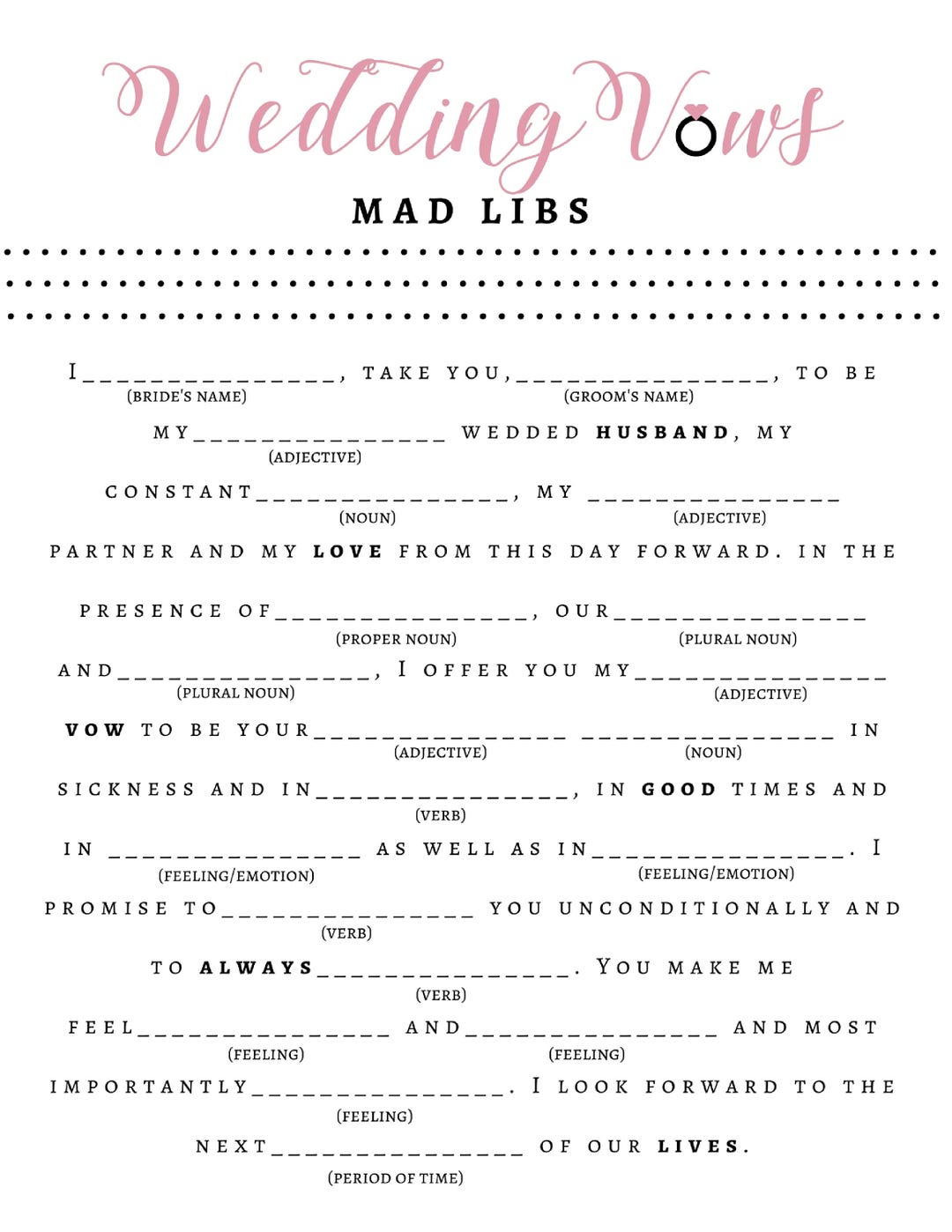 Bridal Shower Game - Wedding Vow Mad Libs - Bride + Groom - Etsy
