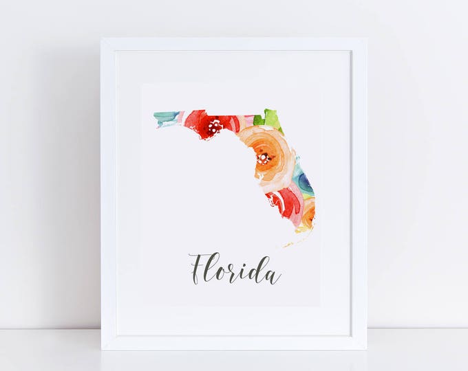 Florida State Wall Print / Printable Florida Art / Floral Florida Print ...