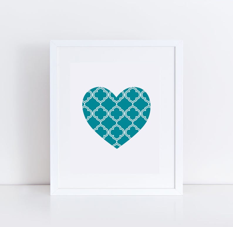Heart Wall Print / Printable Heart Art / Turquoise Quatrefoil Heart ...