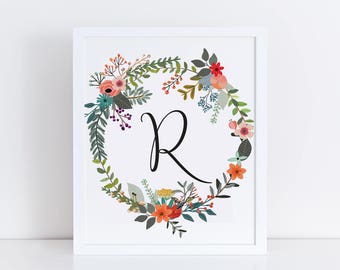 Letter C Monogram Print / Printable Nursery Art / Floral Wreath ...