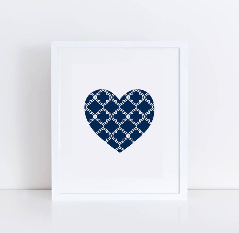 Heart Wall Print / Navy Quatrefoil Printable Heart Art / Blue Heart ...