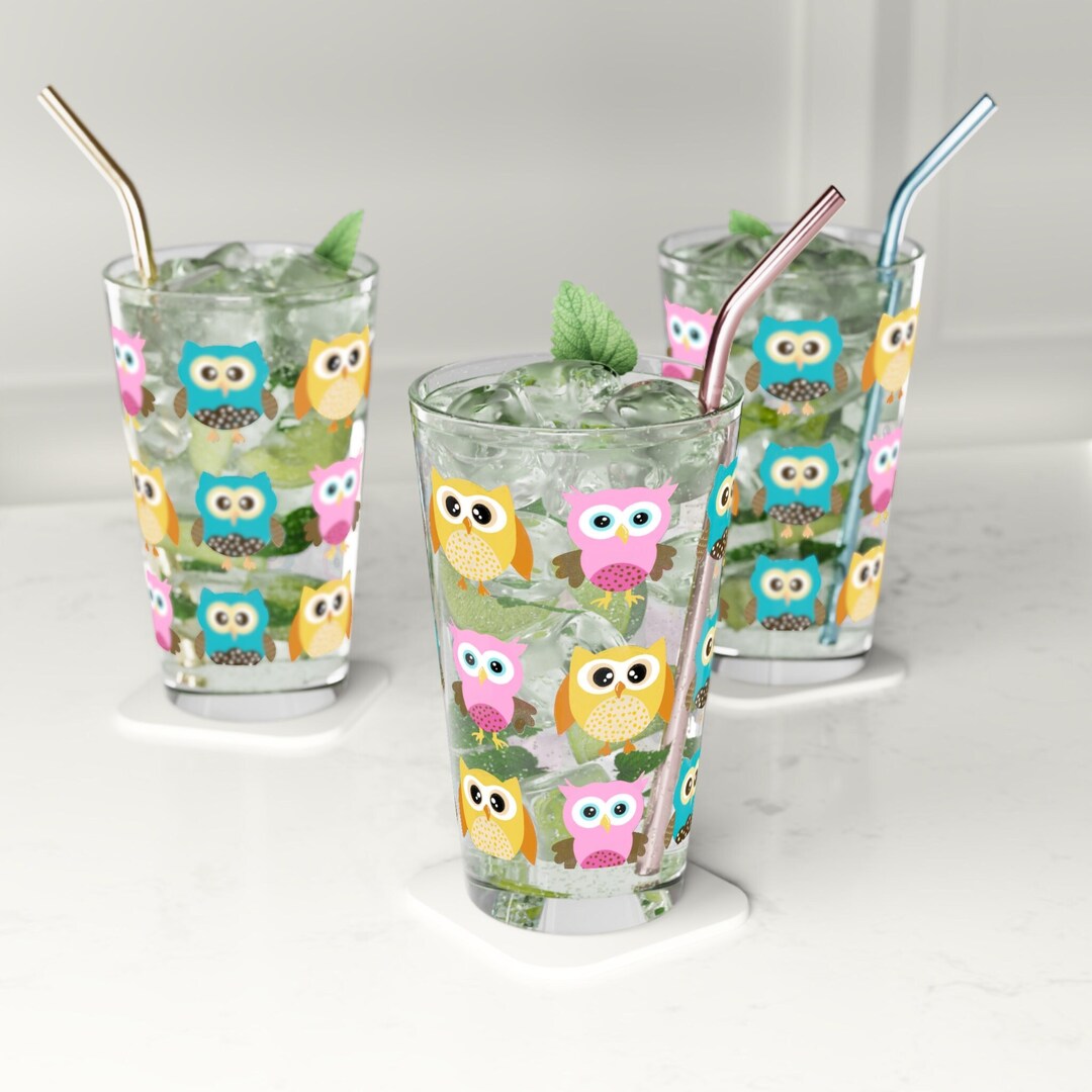 Set of 3 Colorful Owl Glass, 16oz Pint Glass, Whimsical Bird Decor, Owl ...