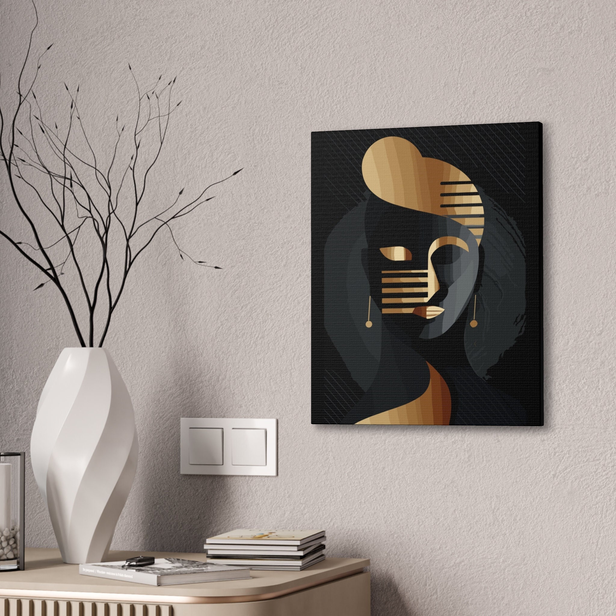 Minimalist Black and Gold Cubist Art Canvas, 0.75 Stretched, Geometric ...