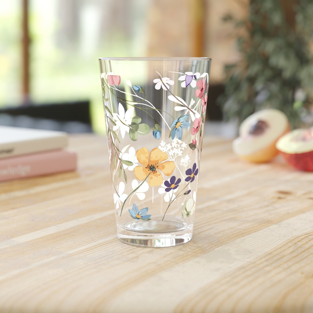 Nature Inspired Watercolor Flowers Pint Glass, Floral Drinking Glass ...