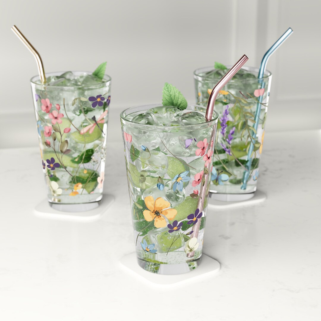Set of 3 Nature Inspired Pint Glass, 16oz, Pressed Flowers Design ...