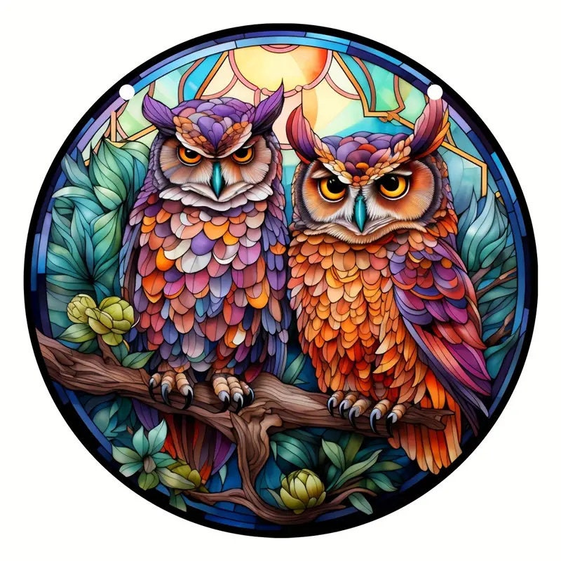 Double Owl Suncatchers for Windows, Owl Stained Acrylic Suncatcher, Owl ...