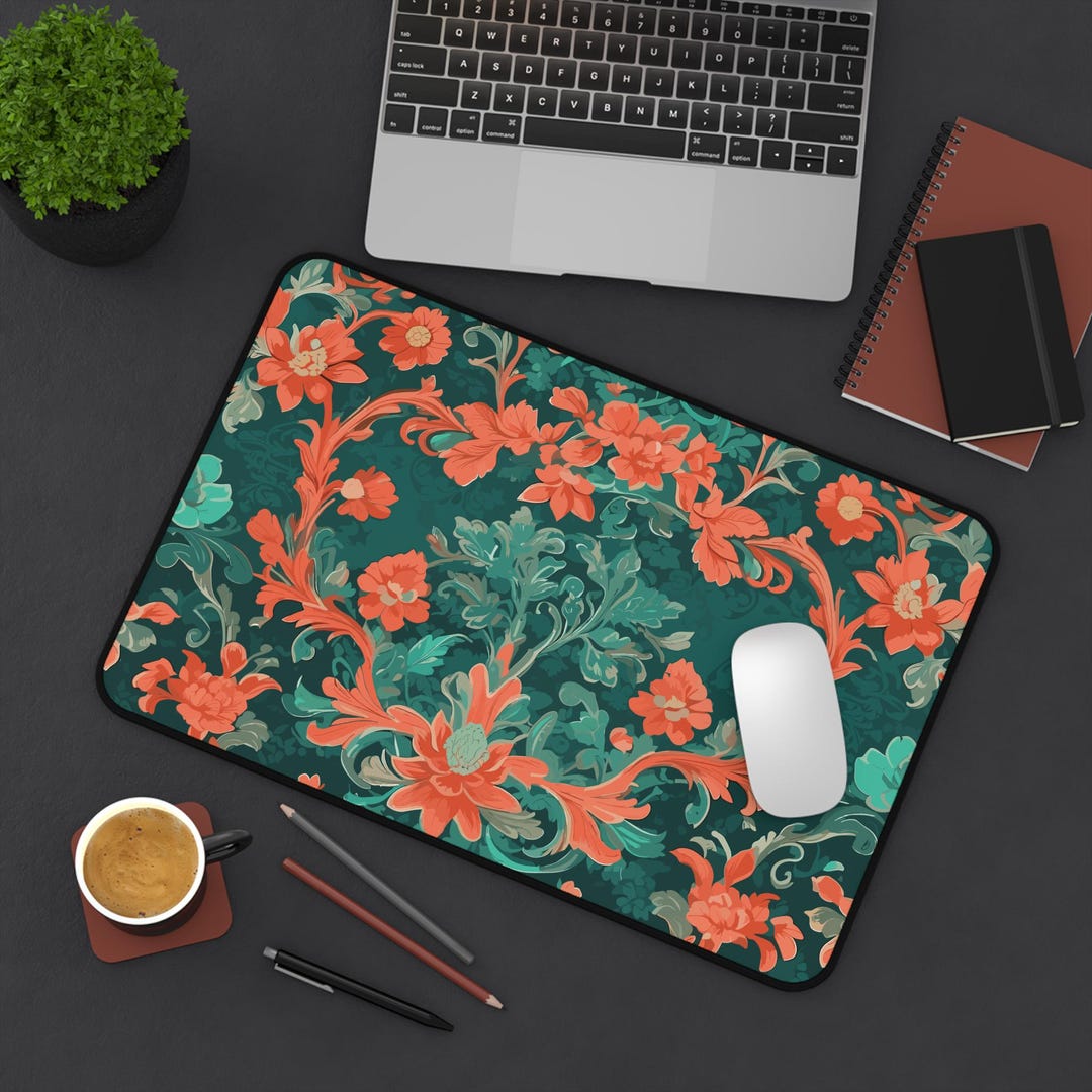 Coral and Jade Brocade Desk Mat, Office Desk Decor, Boho Desk Accessory ...