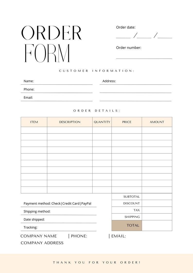 Order Form Editable Small Business Standard Order Form - Etsy