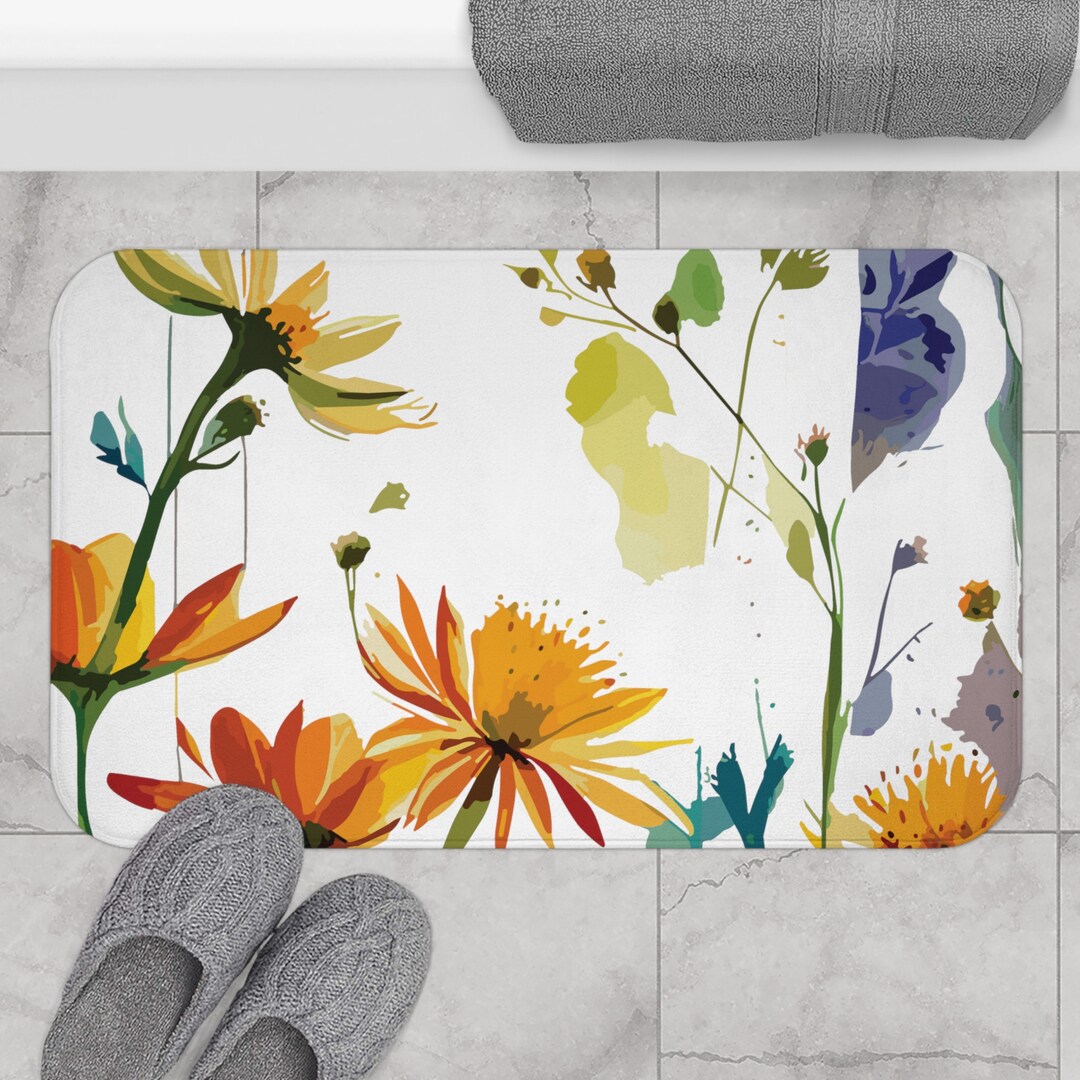 Watercolor Floral Bath Mat, Spring Flowers Bathroom Rug, Botanical Bath ...