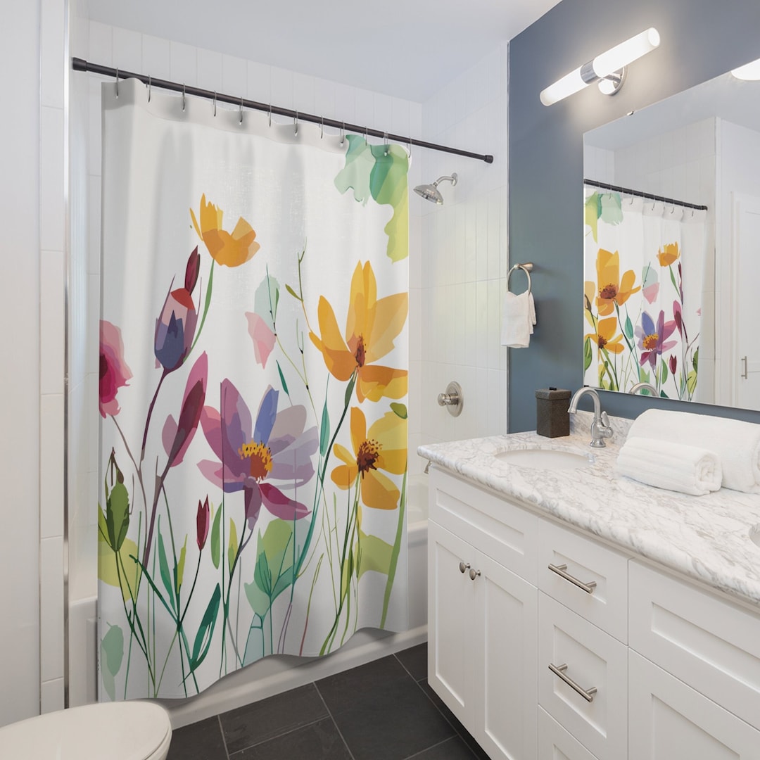 Flower Pattern Shower Curtain, Watercolor Floral Bathroom Decor, Nature ...