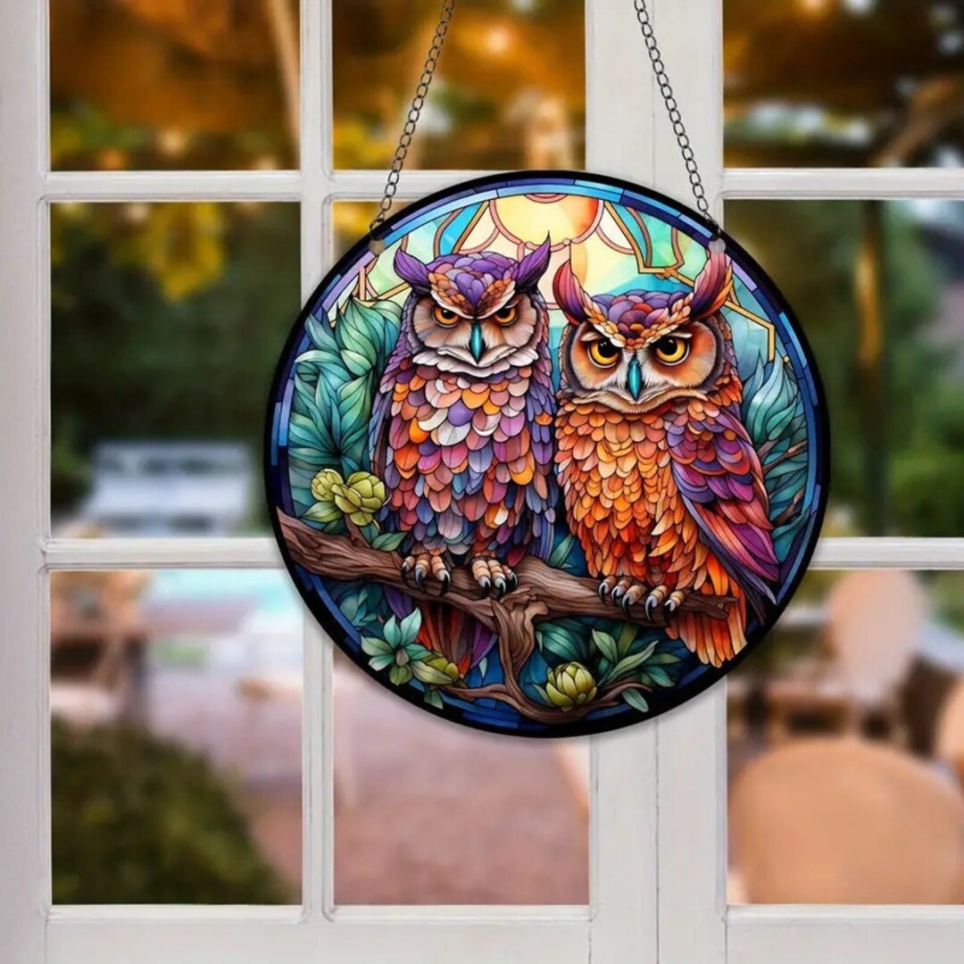 Double Owl Suncatchers for Windows, Owl Stained Acrylic Suncatcher, Owl ...