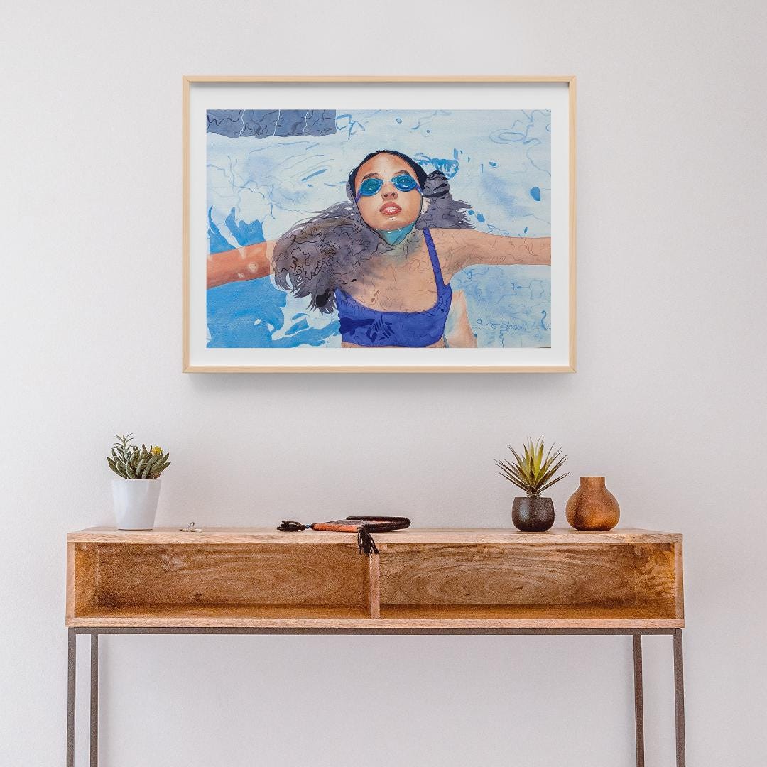 Floating Print Blue Girl Swimming With Goggles Image PRINTABLE Digital ...
