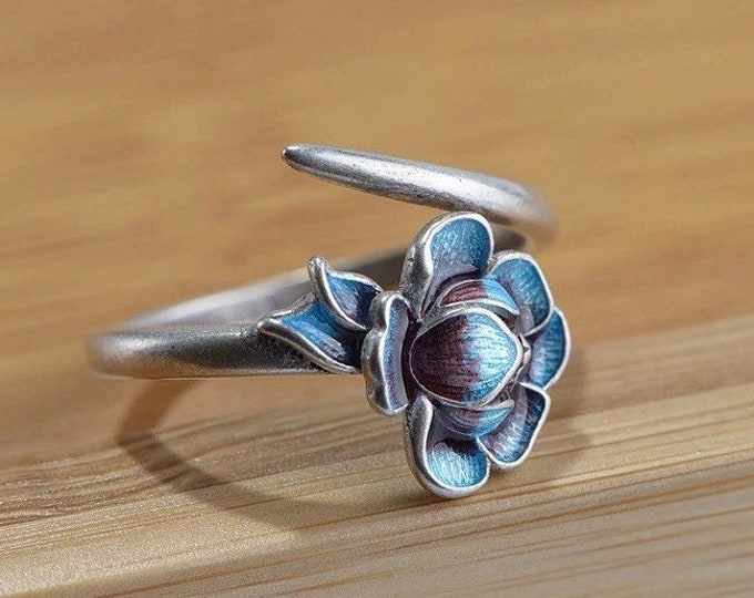 925 Sterling Silver Blue Enamel Lotus Flower Adjustable Wrap - Etsy