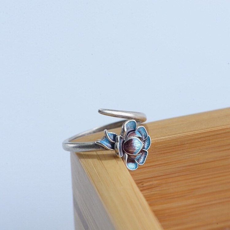 925 Sterling Silver Blue Enamel Lotus Flower Adjustable Wrap | Etsy
