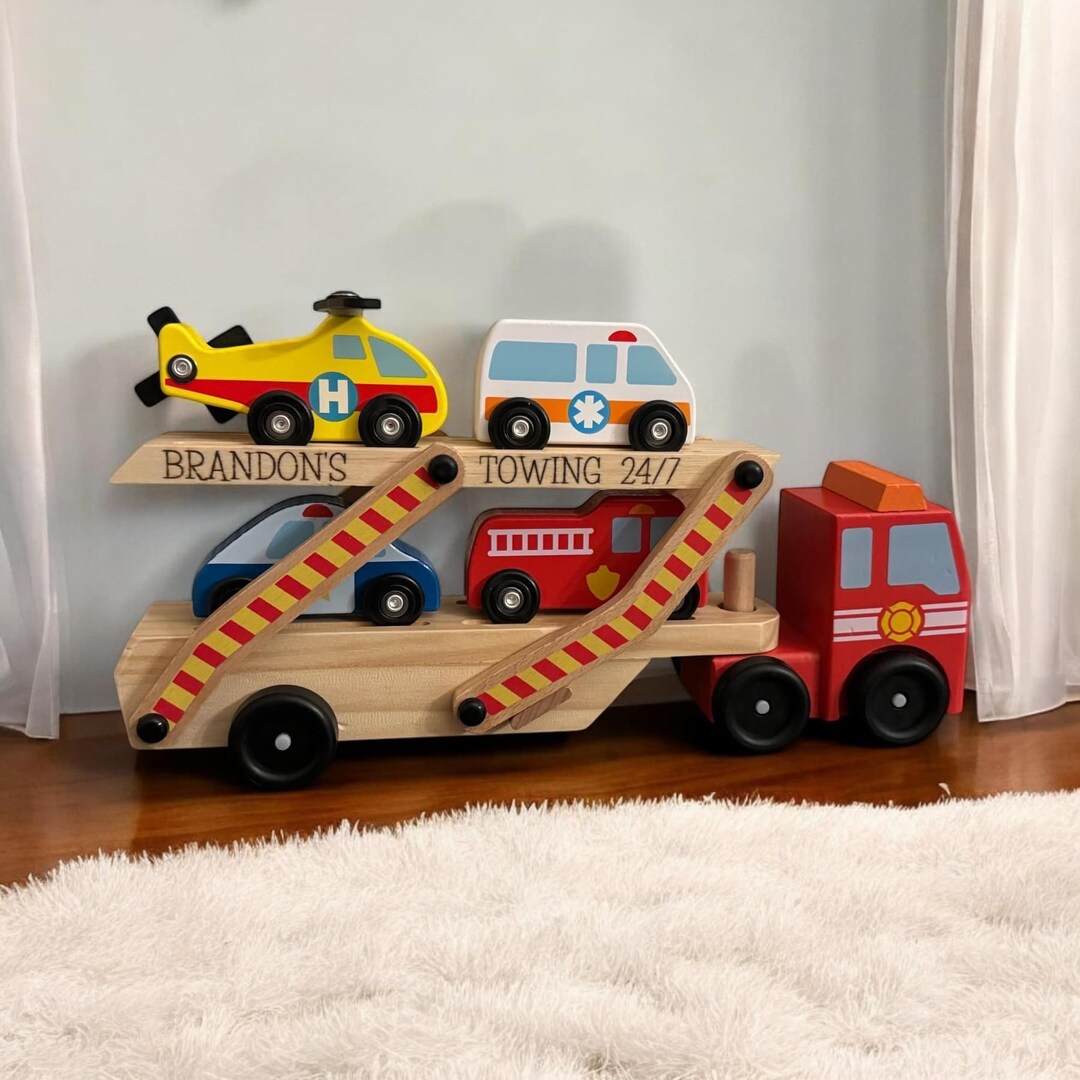 Personalized Wooden Toy Truck Loader With Emergency Vehicles - Etsy
