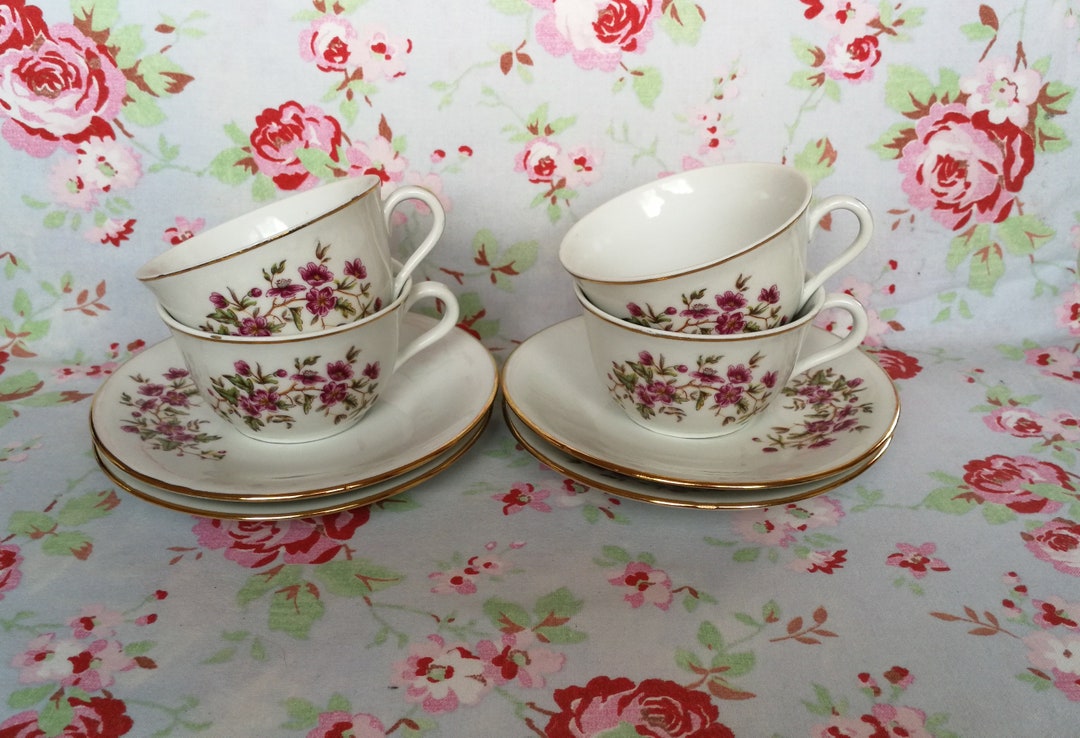 4 Vintage French CNP France White Porcelain Coffee Cups and Saucers Tea ...