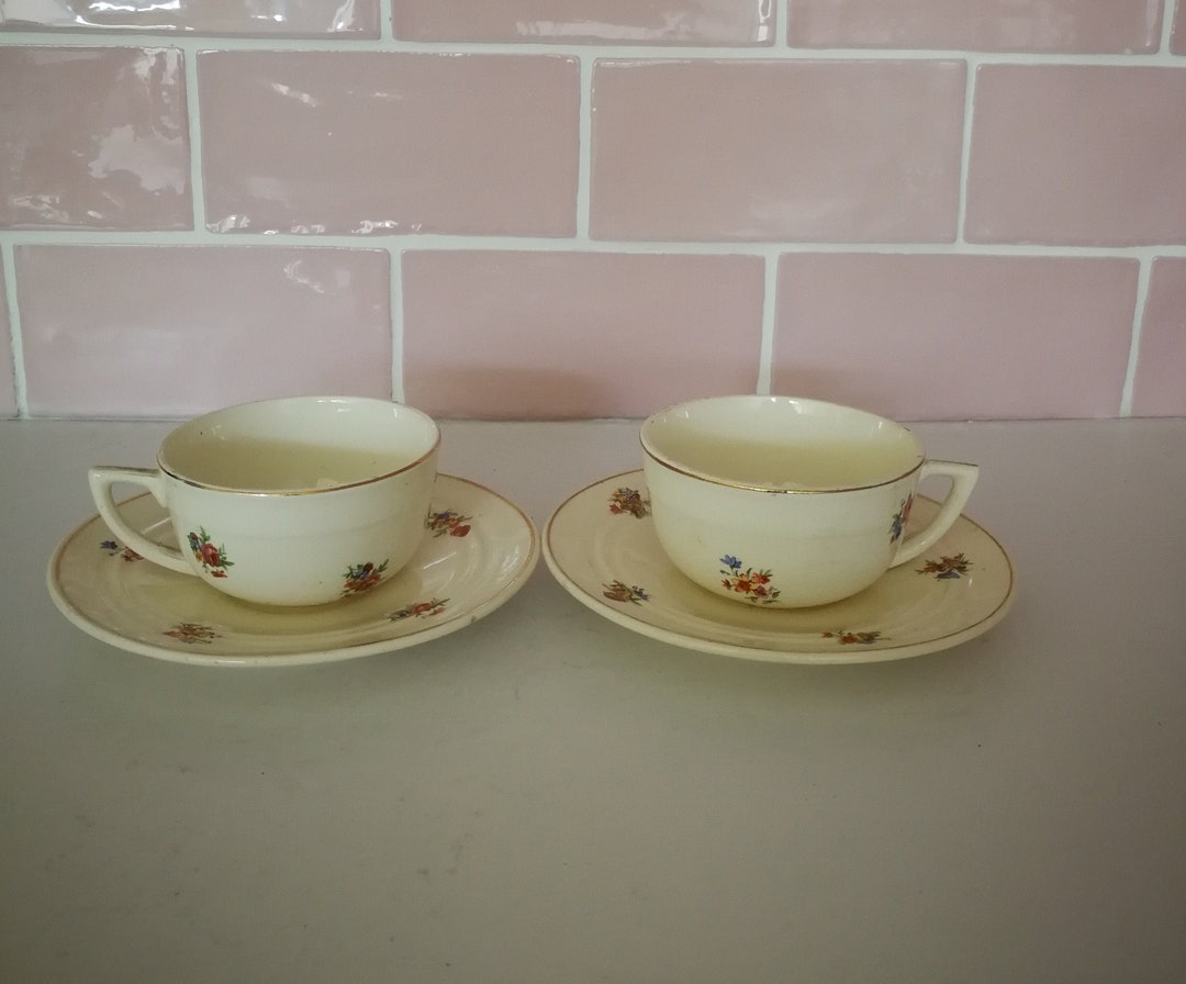 2 Vintage French Tea Coffee Cups Saucers Set Made in France Pattern ...