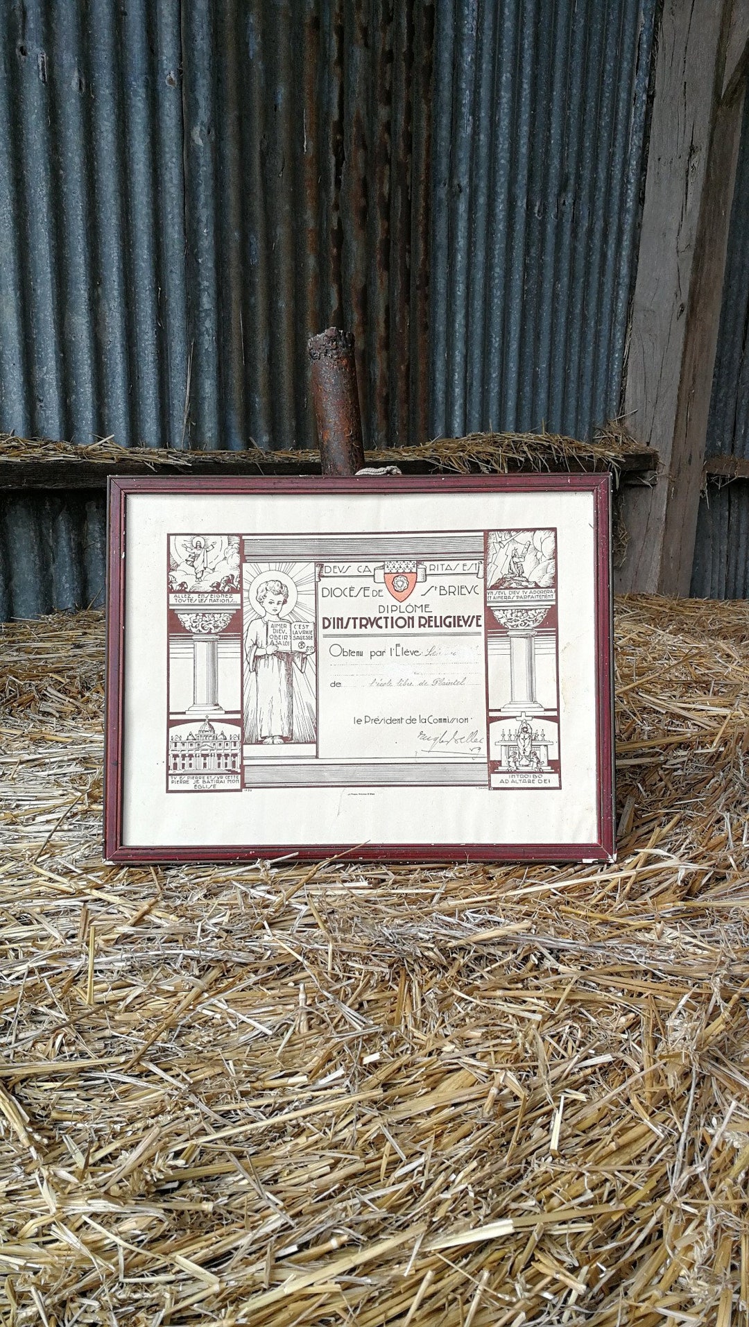 Antique French Religious Souvenir Frame "diploma of Religious Education ...