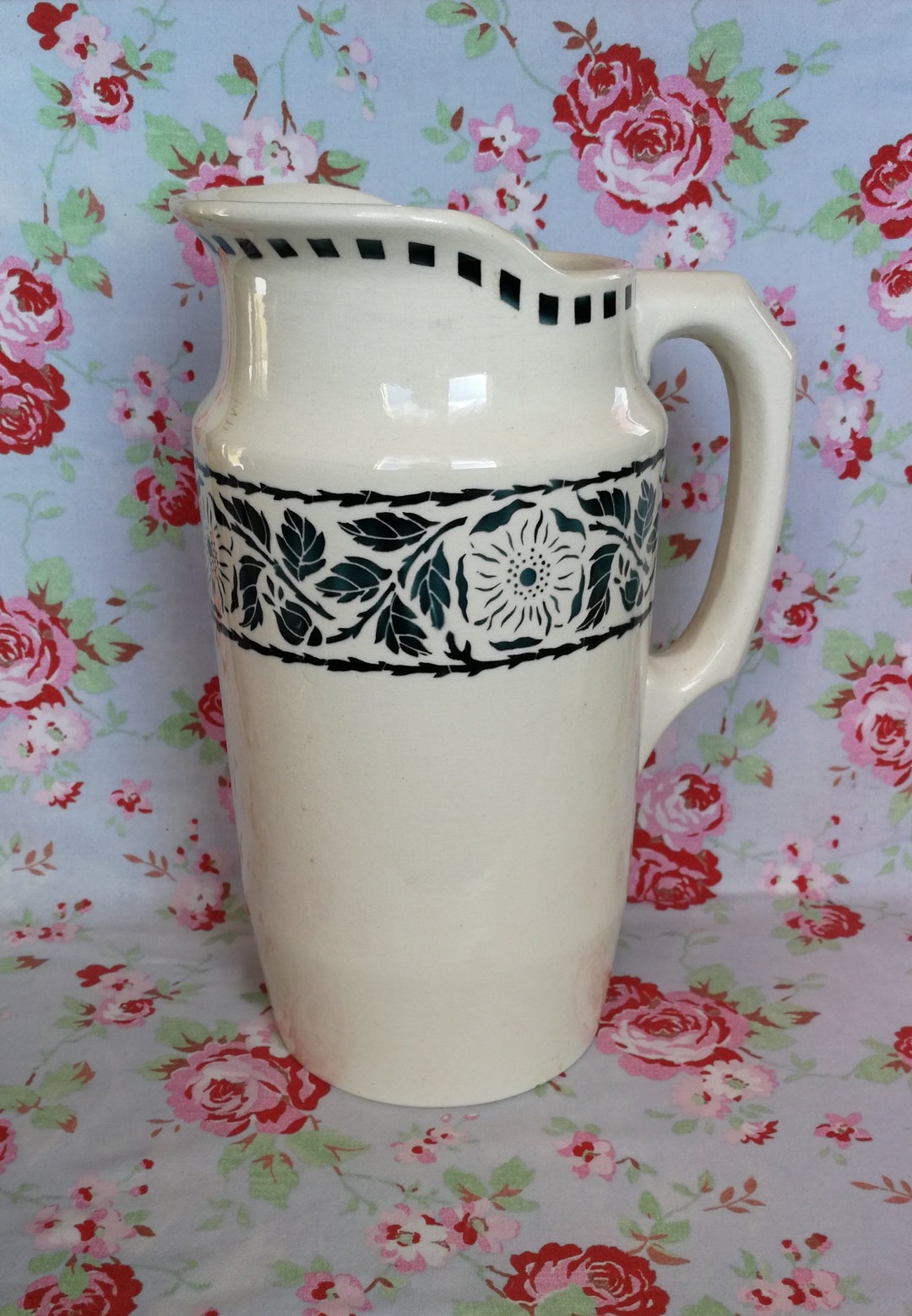 Antique French Badonviller Ceramic Wash Bowl and Pitcher Jug Airbrush ...