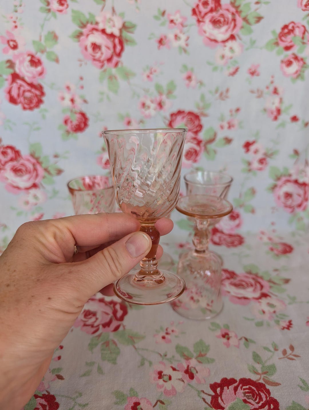 Set of 5 Vintage French Pink Depression Arcoroc Glasses Swirl Rosaline ...