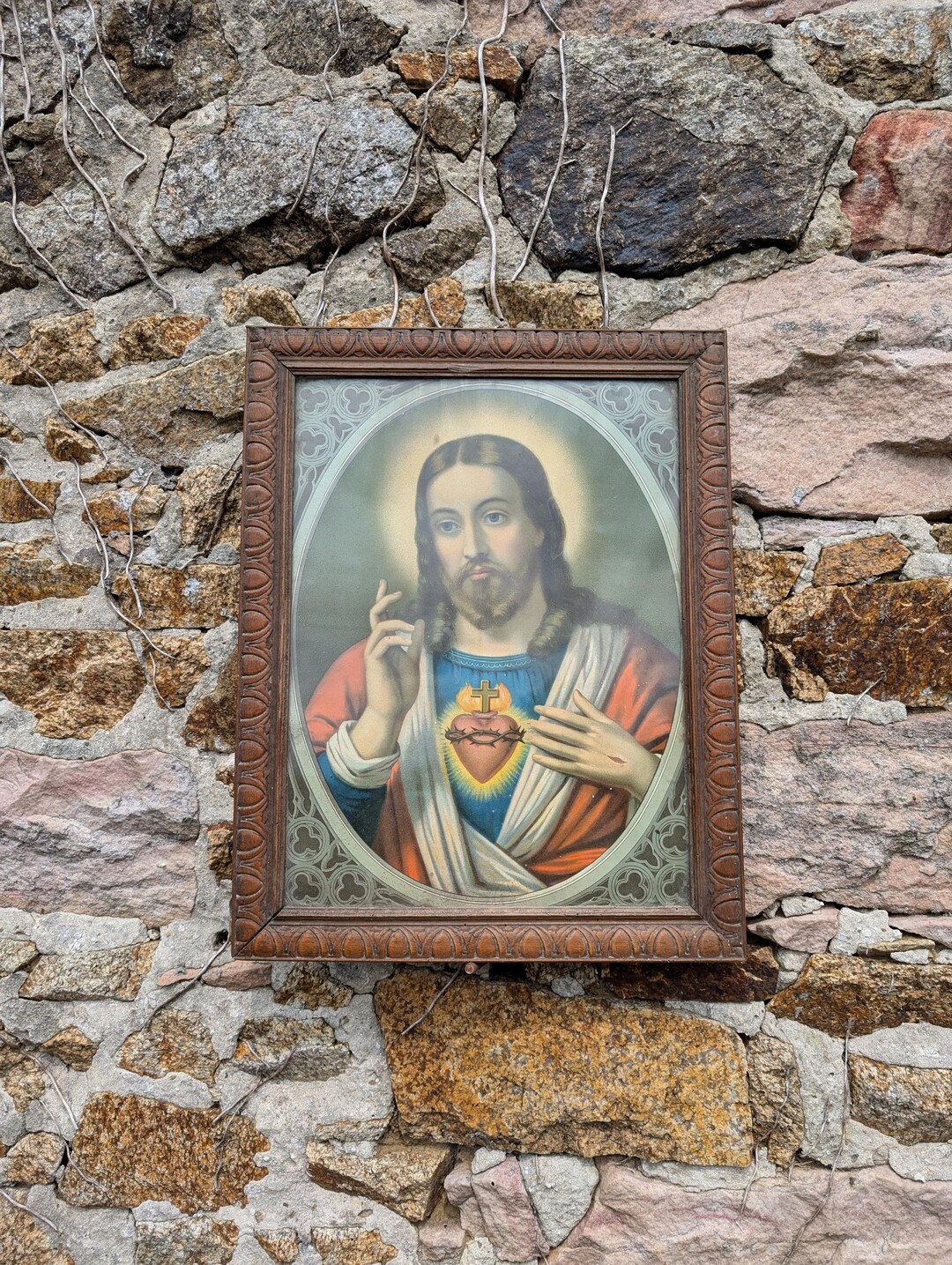 Vintage French Jesus Christ Sacred Heart Wooden Frame Cross Devotion ...