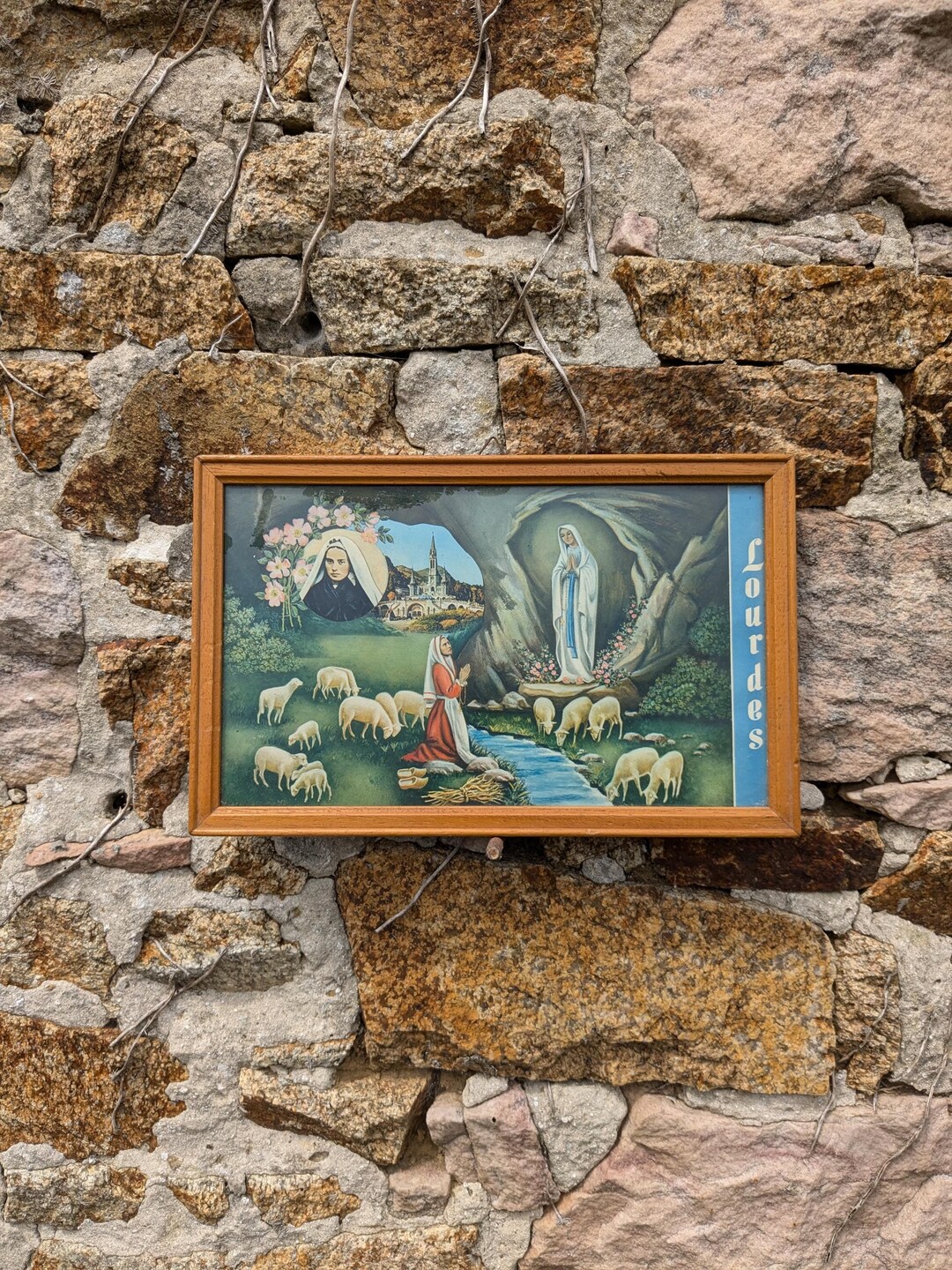 Vintage French Immaculate Conception Print Lourdes Wooden Frame Our Lady of Lourdes Framed Glass ...