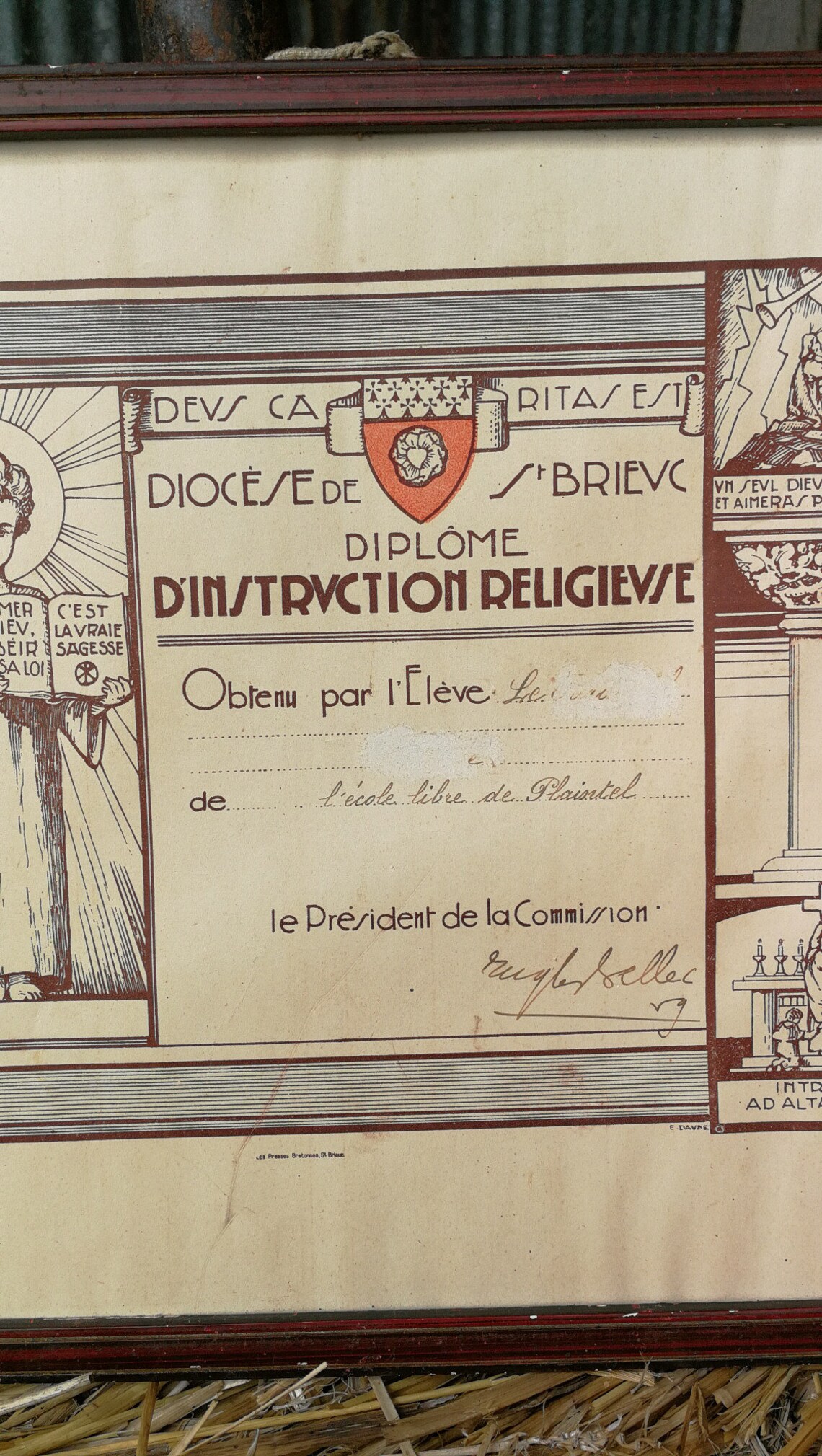 Antique French Religious Souvenir Frame "diploma of Religious Education ...