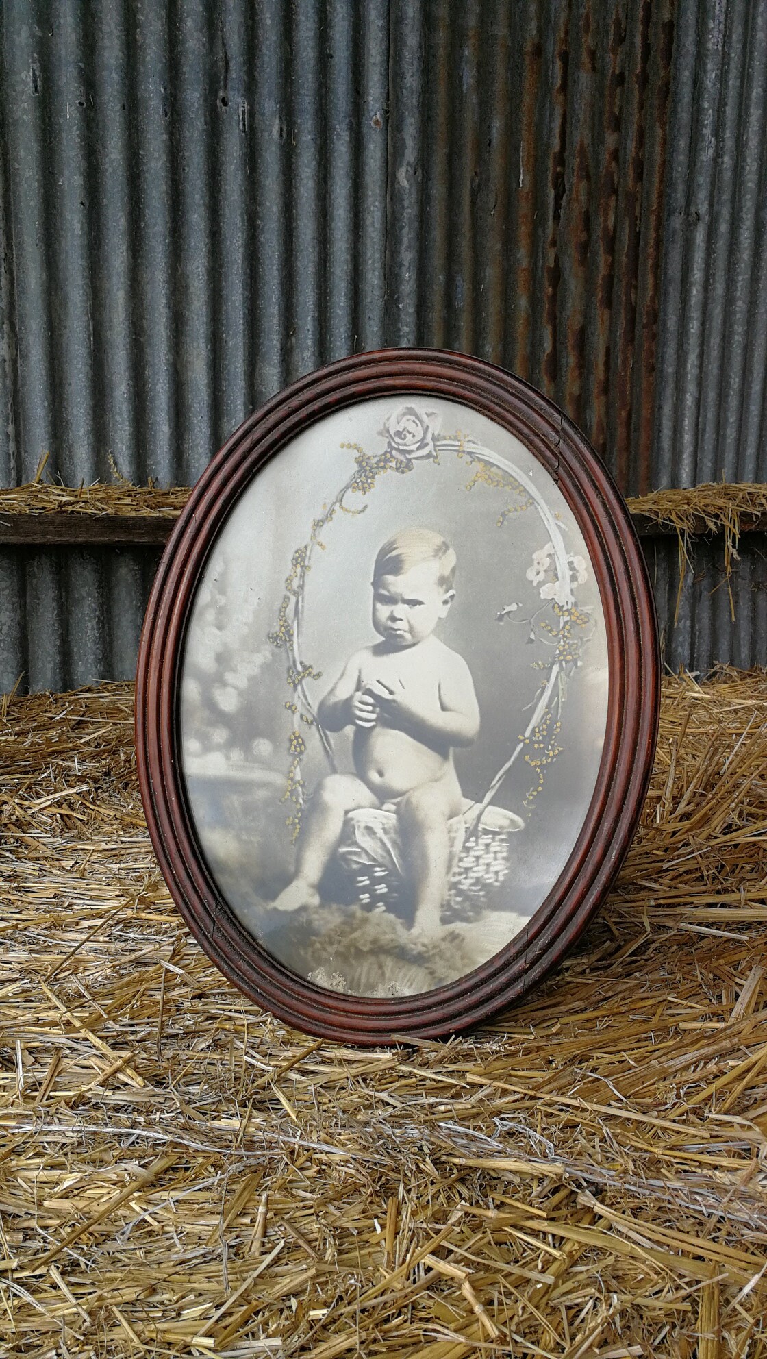 Antique French Crying Baby Portrait Wooden Oval Frame Vintage Colorized ...