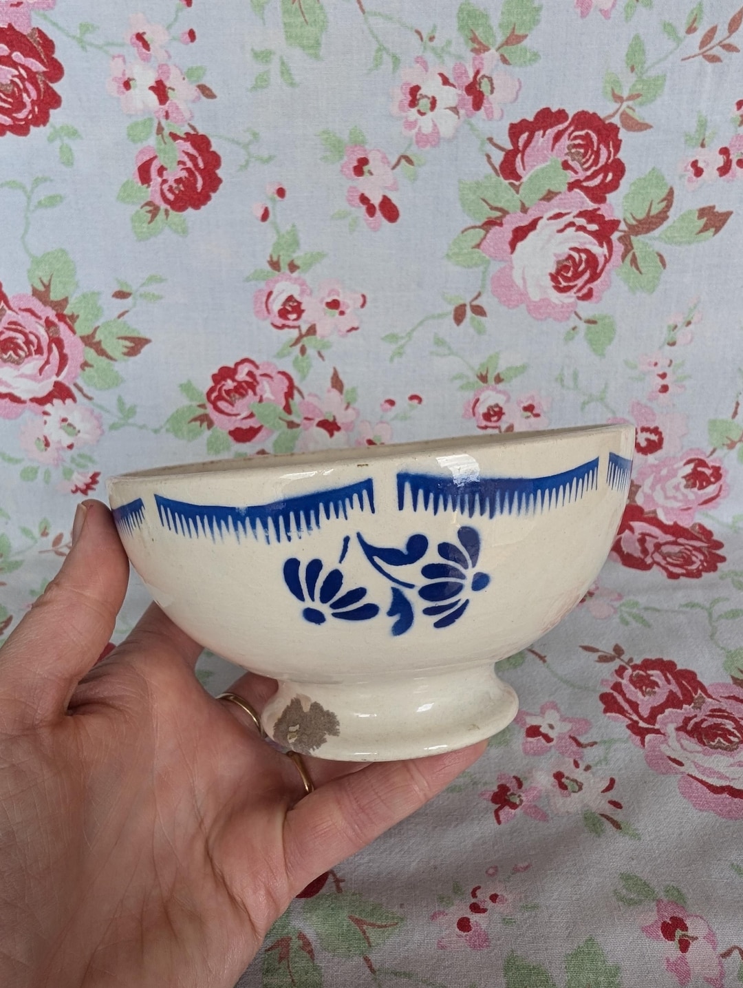 Vintage French Badonviller Blue Flowers Cafe Au Lait Bowl Latte Coffee ...