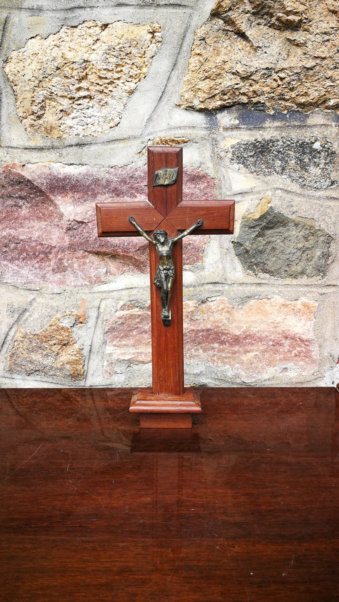 Large Vintage French Stand Pedestal Crucifix Cross INRI Jesus Virgin ...