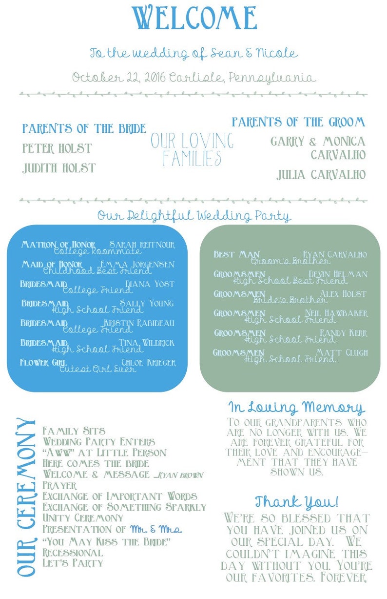 Infographic Wedding Program-in Memory, Love Story, Thank You, Fun Facts ...