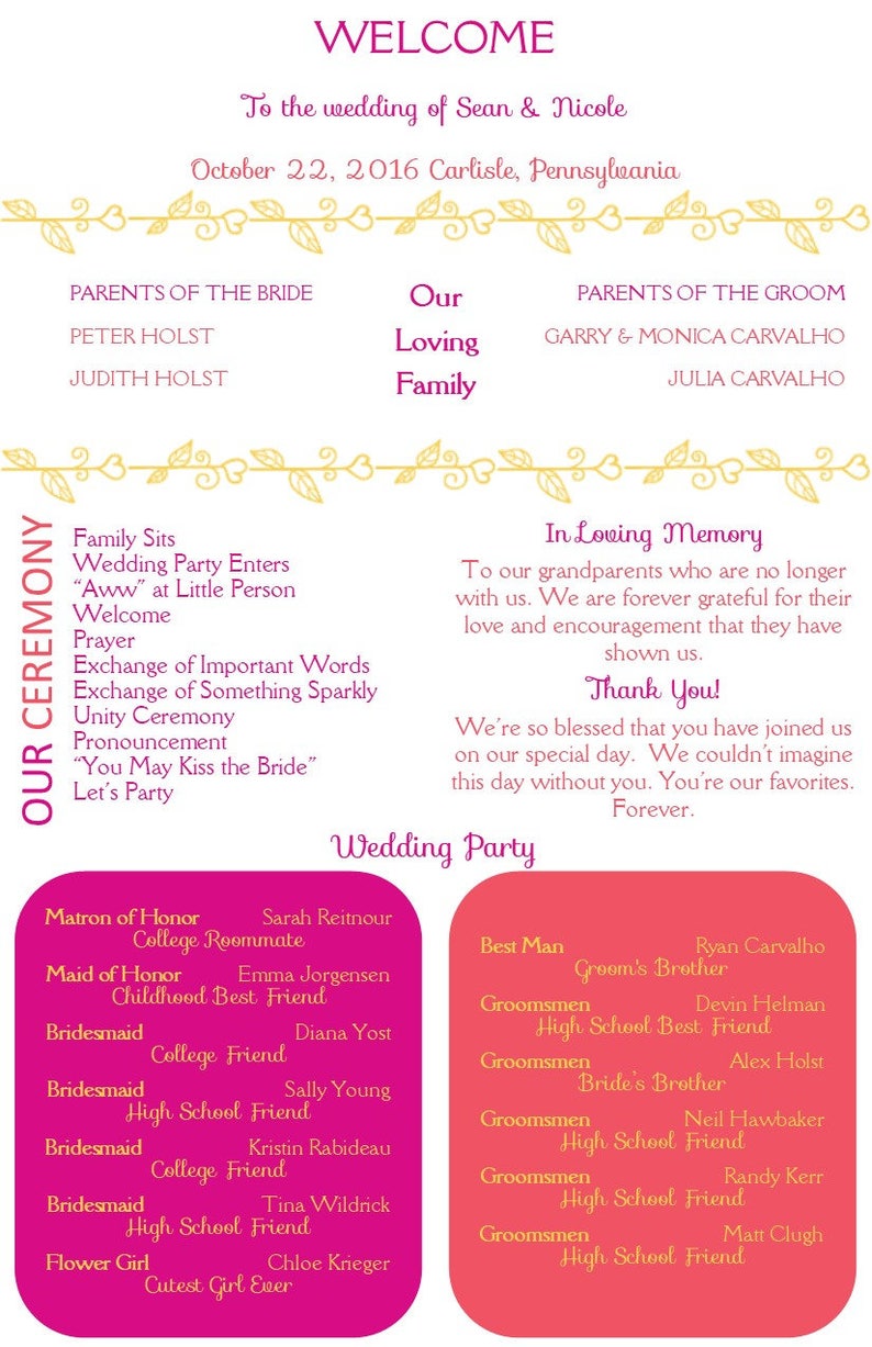 Infographic Wedding Program-in Memory, Thank You, Honeymoon, Hashtag ...