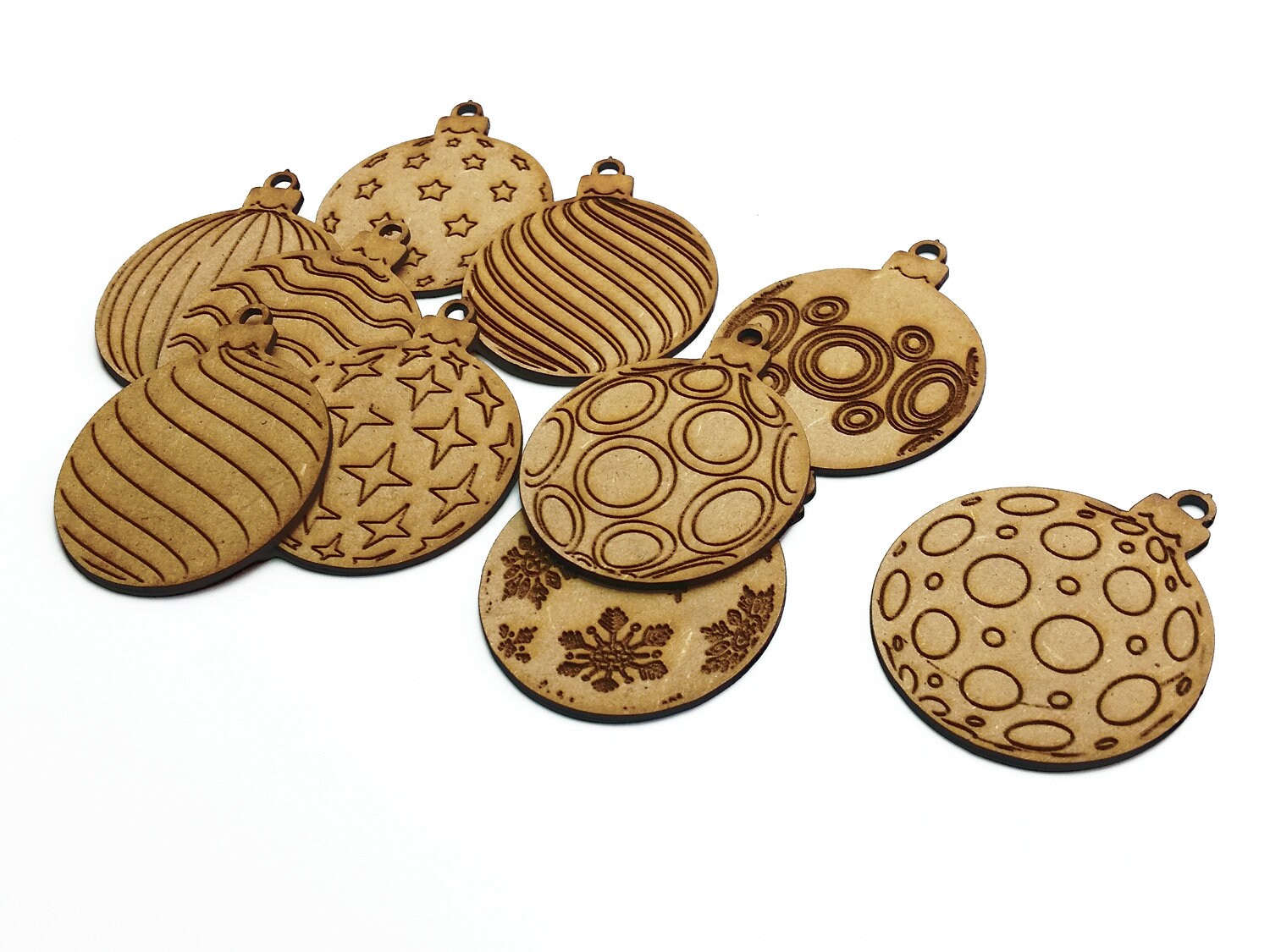 10x Christmas Baubles Wooden Shape Assorted MDF Craft Tree Decoration ...