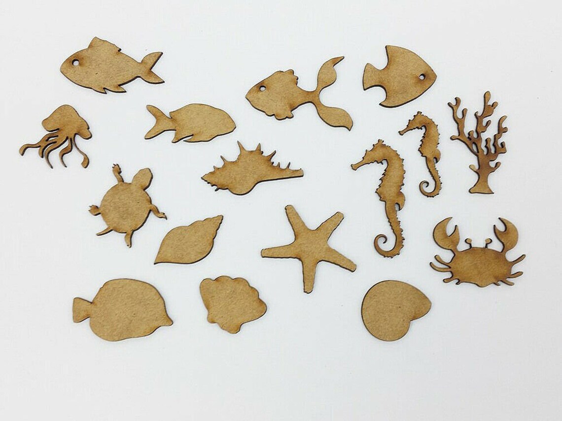 Wooden MDF Sea Life Shape Fish Seahorse Turtle Crab Shells Starfish ...