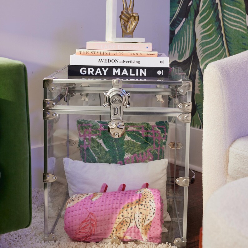 Clear Acrylic Storage Trunk – Modern End Table, Lucite Cube, Nickel ...