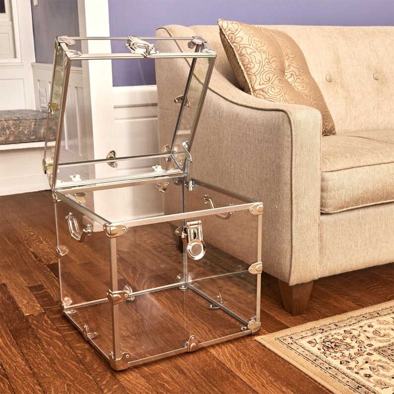 Clear Acrylic Storage Trunk – Modern End Table, Lucite Cube, Nickel ...