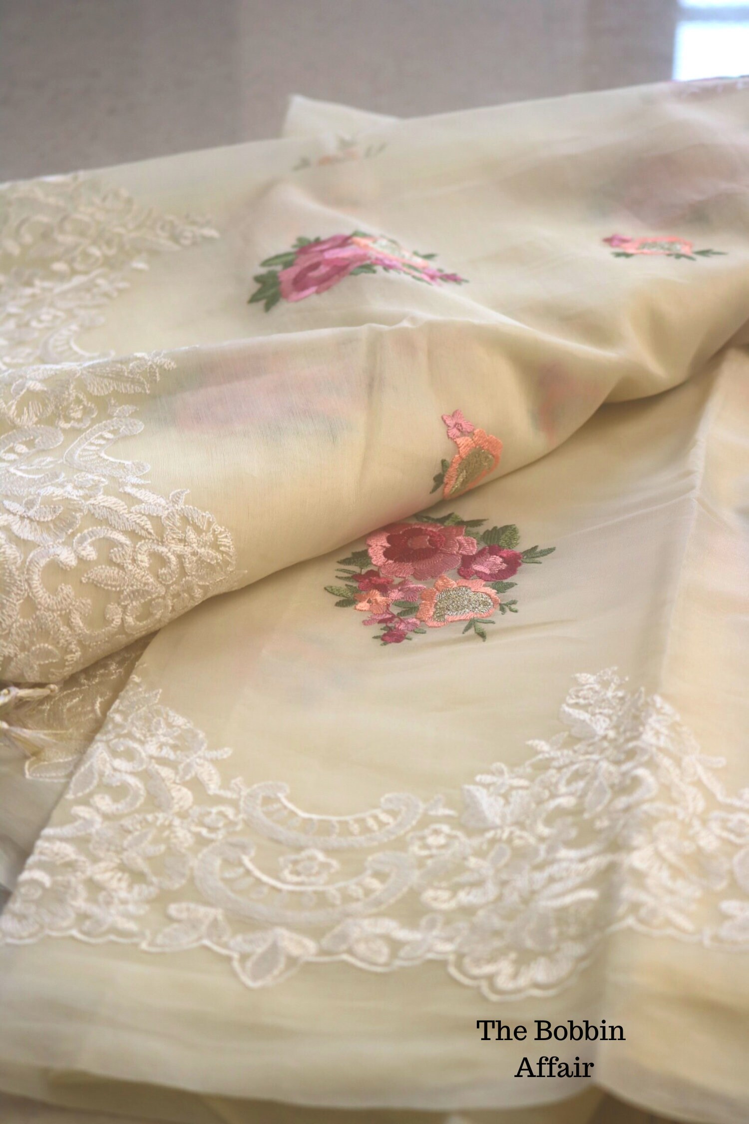 Elegant Saree in Cream Organza With Floral Embroidery and Fringe ...
