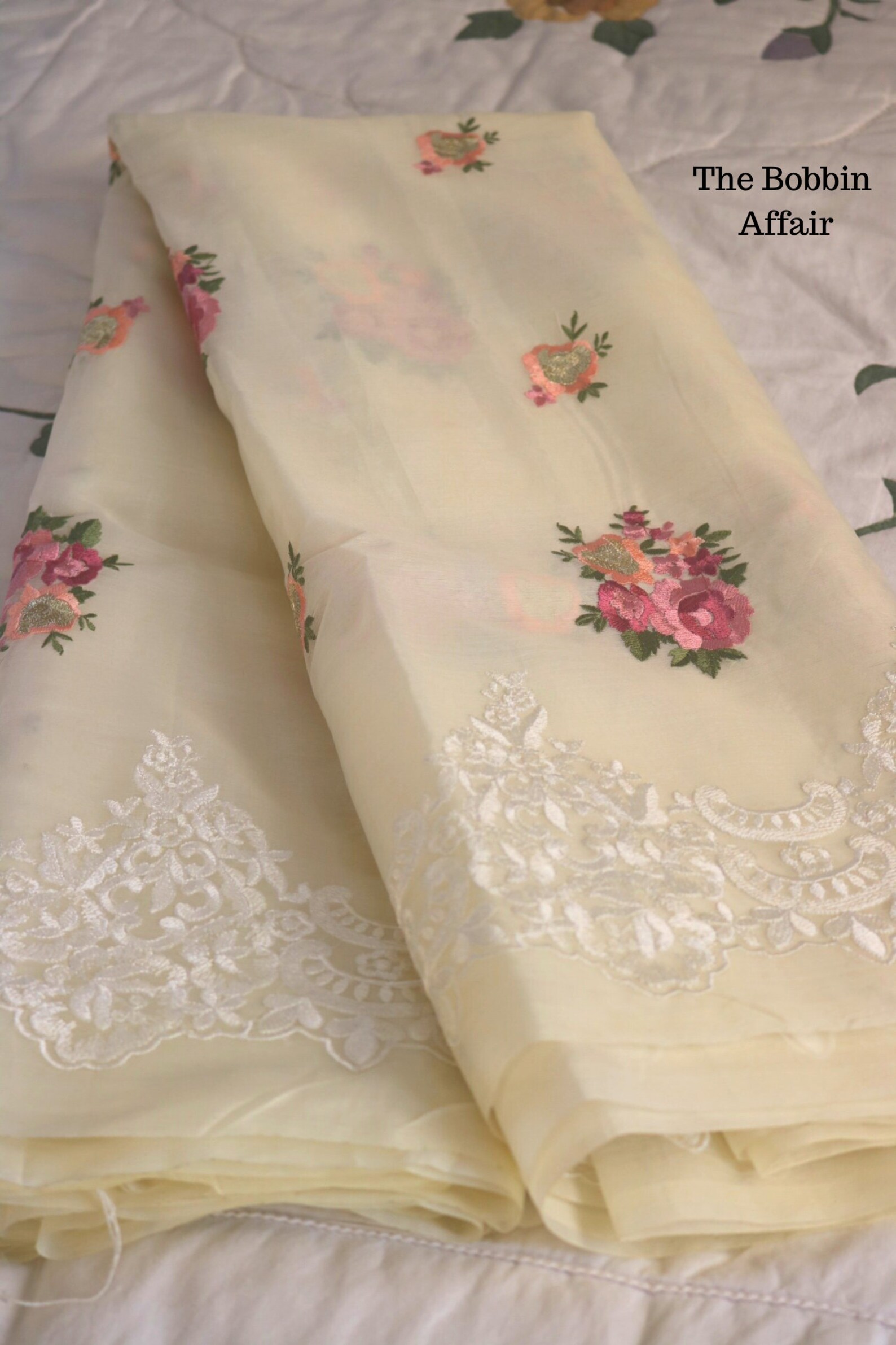 Elegant Saree in Cream Organza With Floral Embroidery and Fringe ...