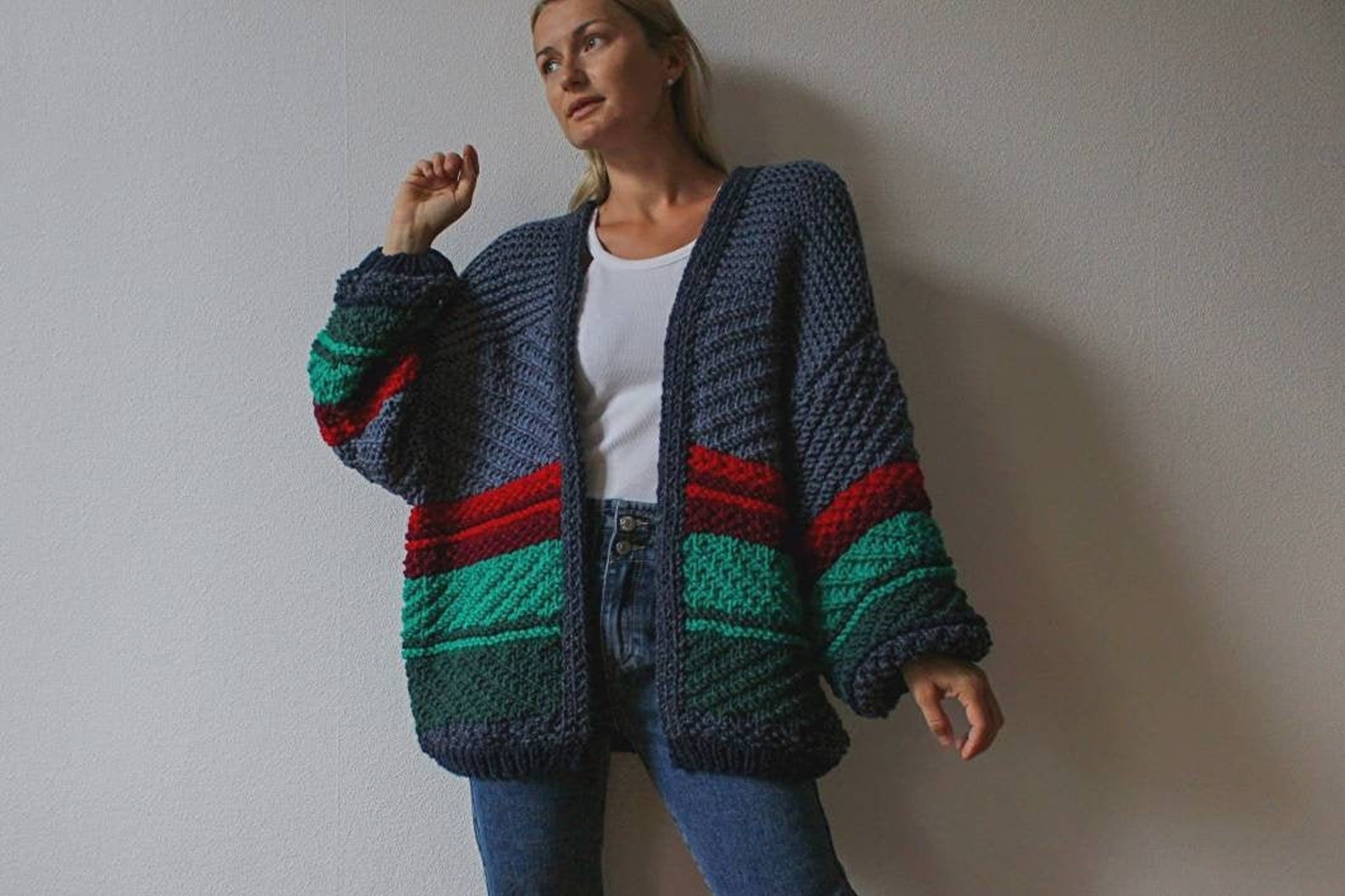 Oversize Chunky Knit Striped Cardigan, Textured Colored Hand Knit ...