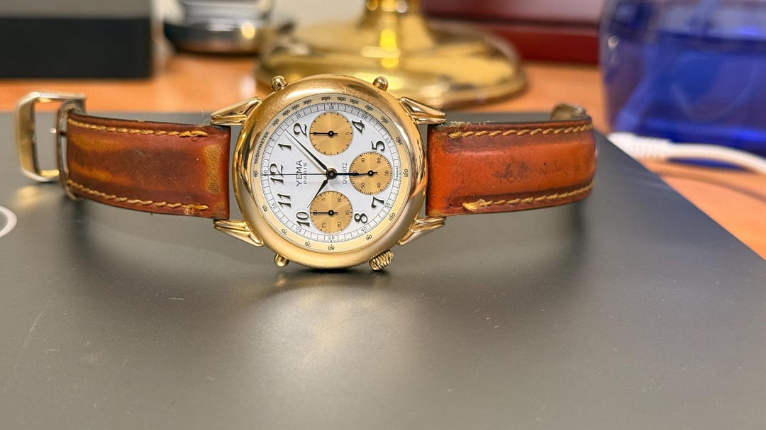 Vintage Yema Paris Quartz Chronograph Watch Seiko 7A28 Cal Gold Panda ...