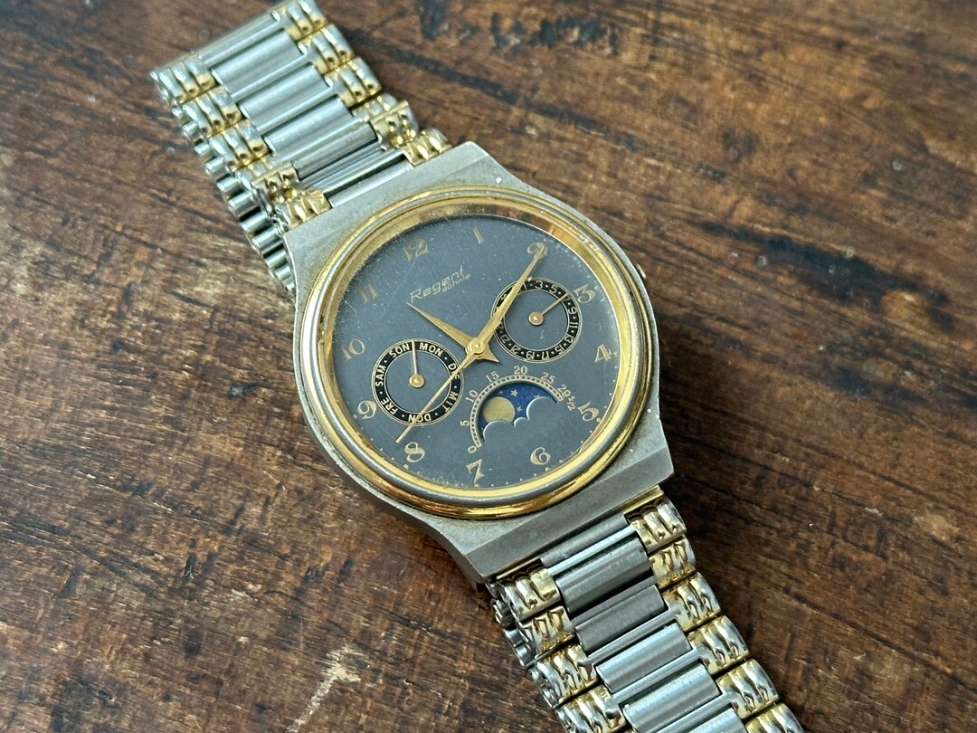 Regent Quartz Moon Phase Calendar35mm Superb Gray Dial Steel Gold Color ...