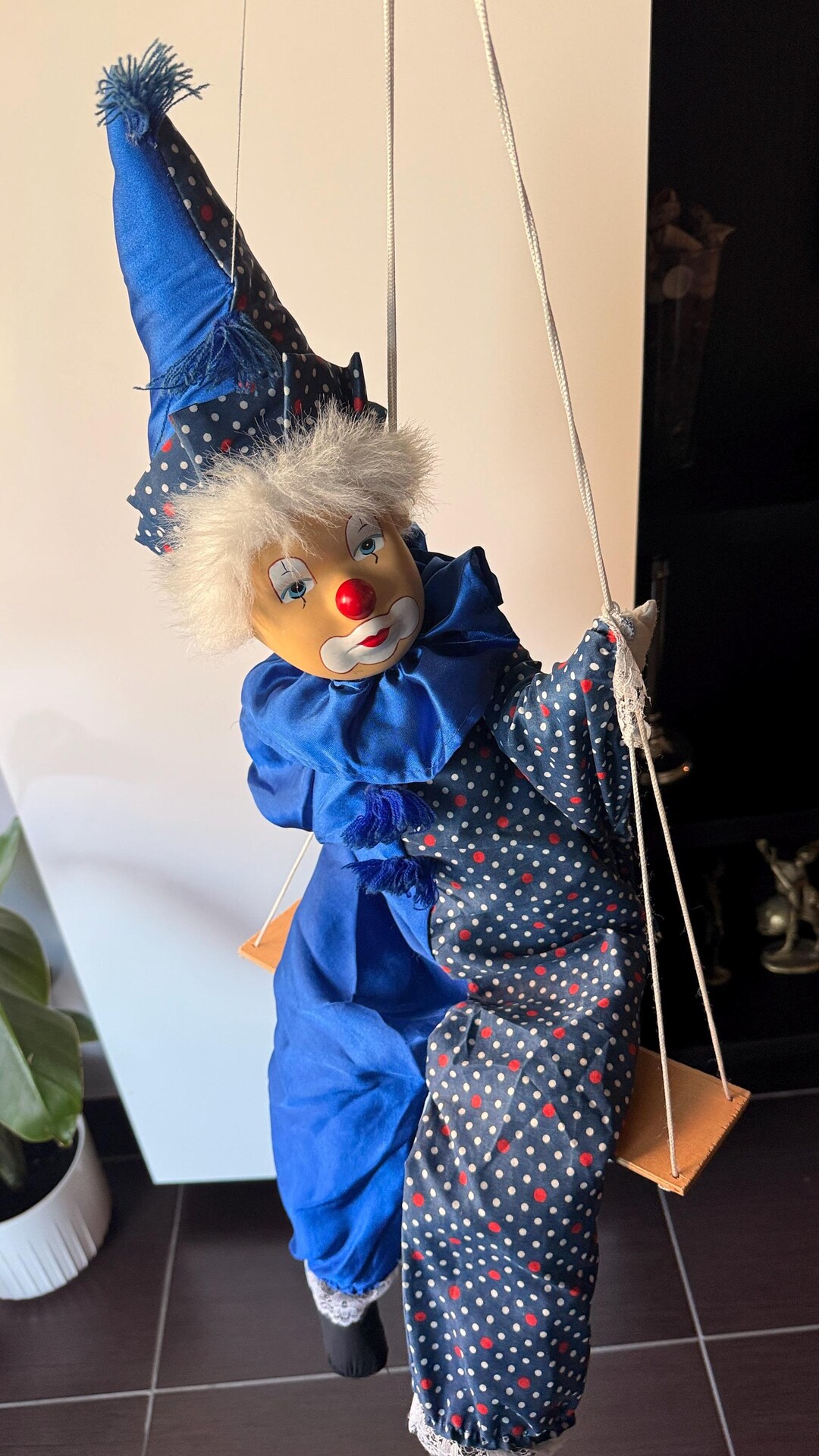 Vintage Large Clown Figurine Sitting on Wooden Swing - Unique Antique ...