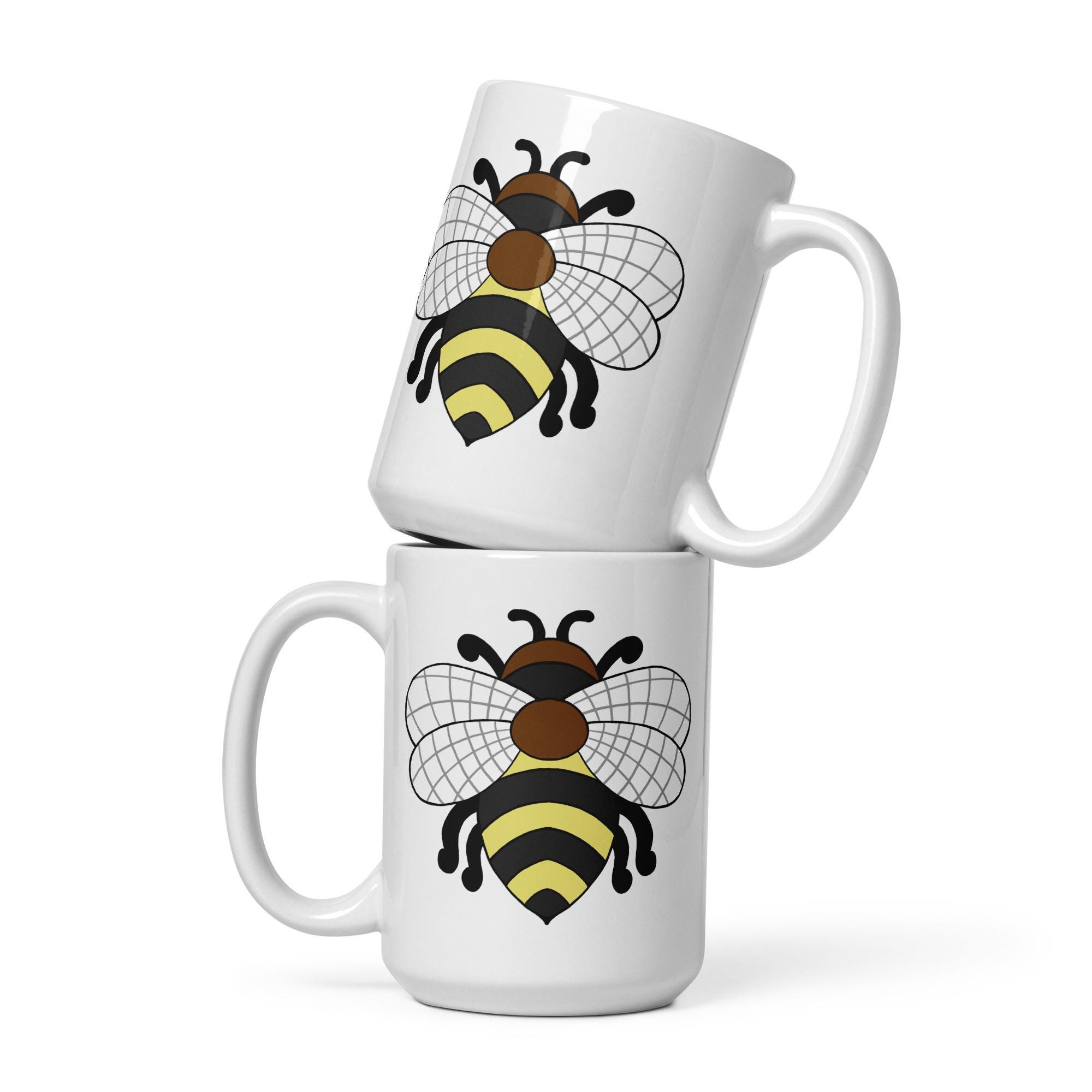 White Glossy Mug, Black and Yellow Bee, Cute Bee, Wing and Petal Studio ...